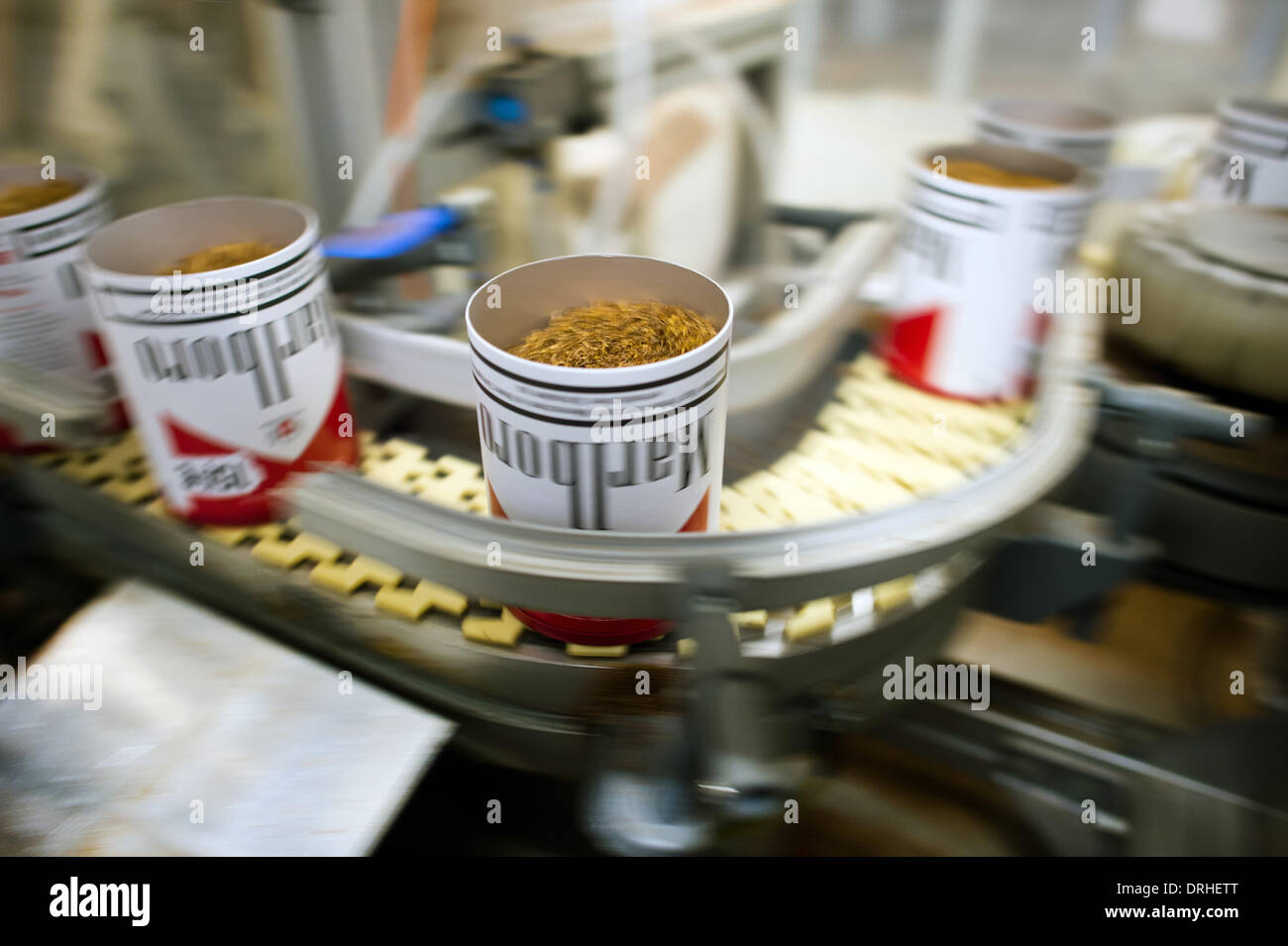 Marlboro boxes are filled with tobacco in the tobacco processing ...