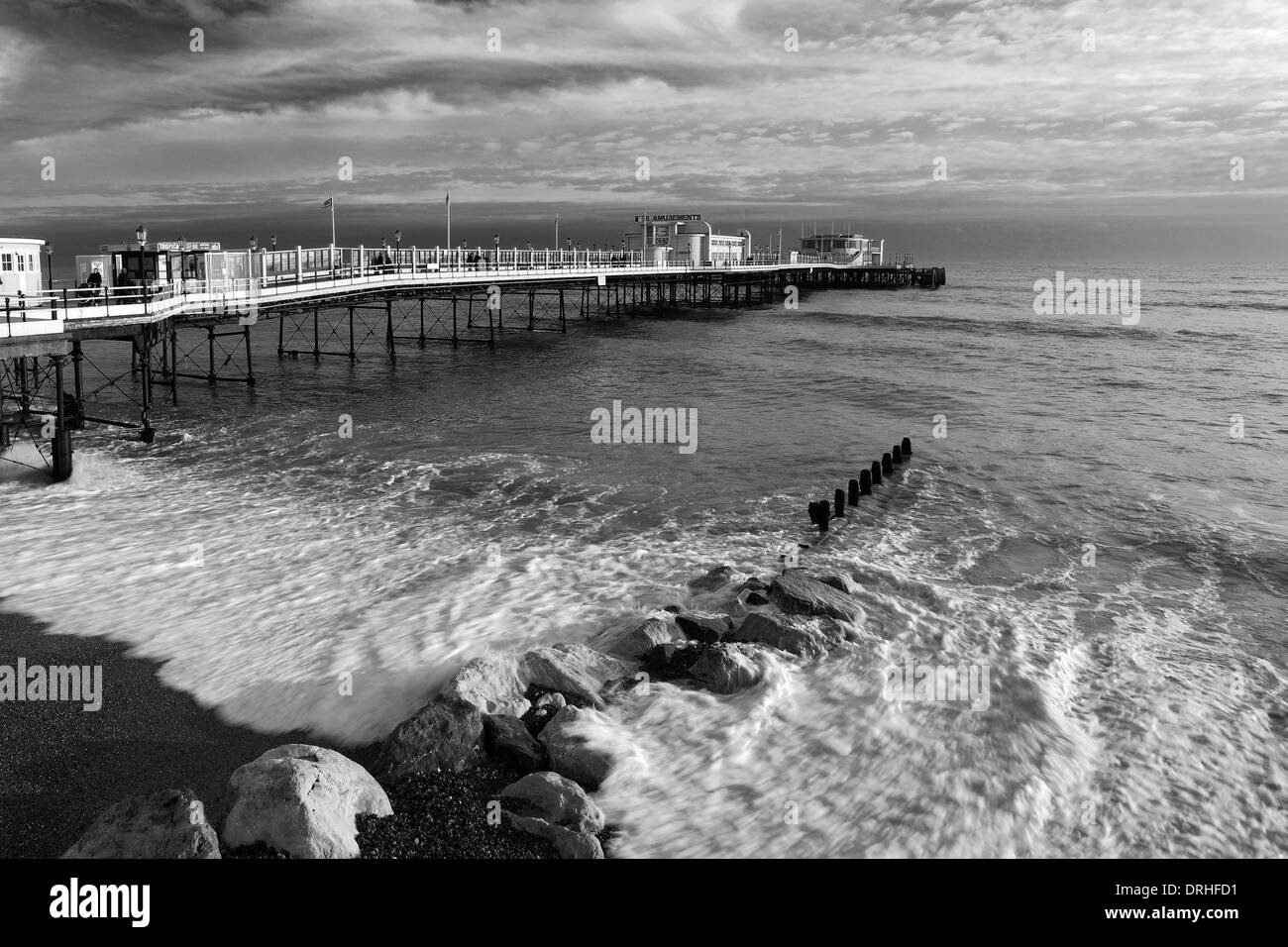 Black and White image of the Victorian Pier, Worthing town, West Sussex ...