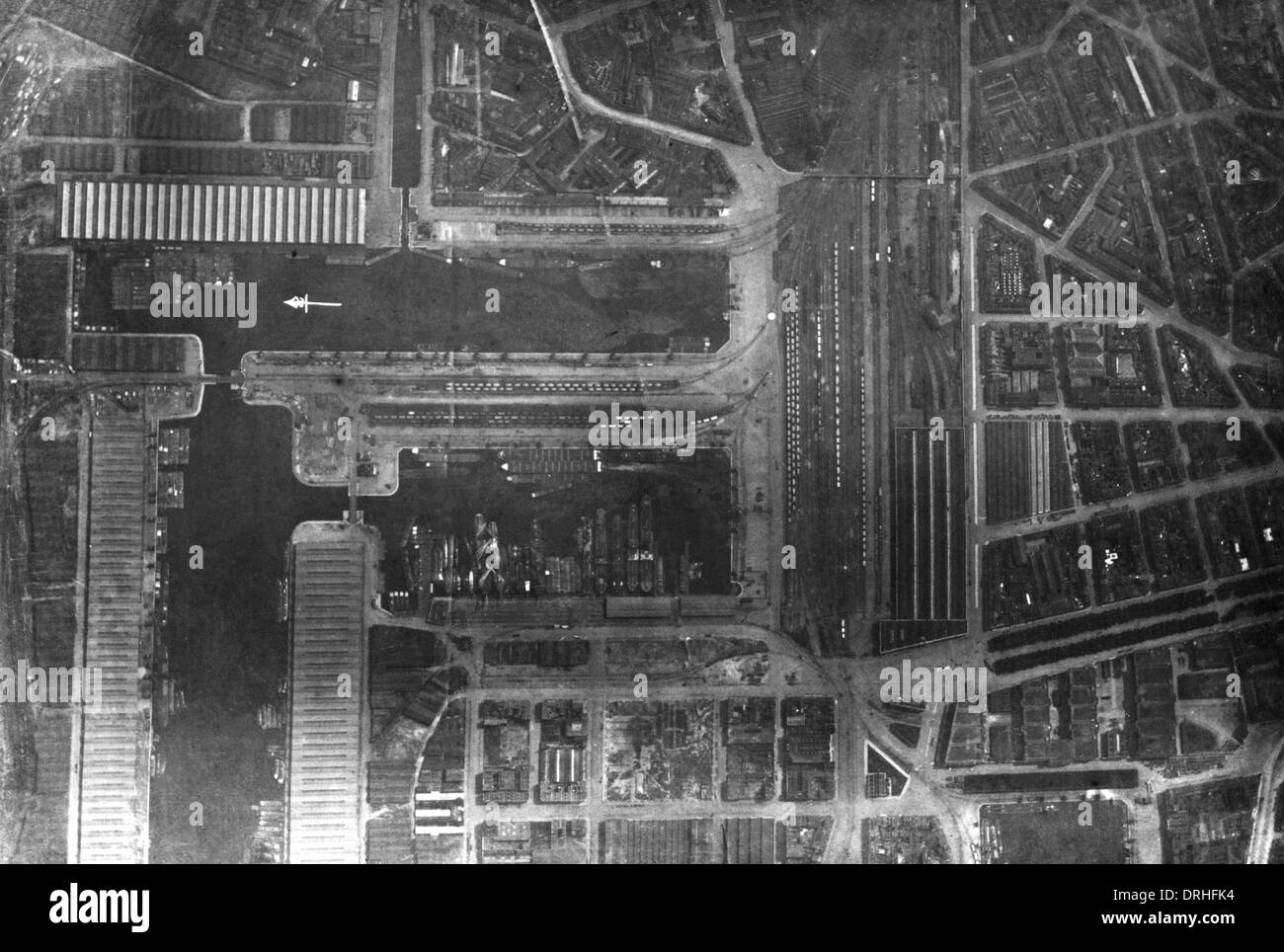 Aerial photograph of an urban area with harbour during WW1 Stock Photo ...