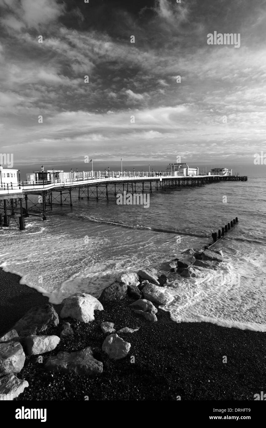 Black and White image of the Victorian Pier, Worthing town, West Sussex ...