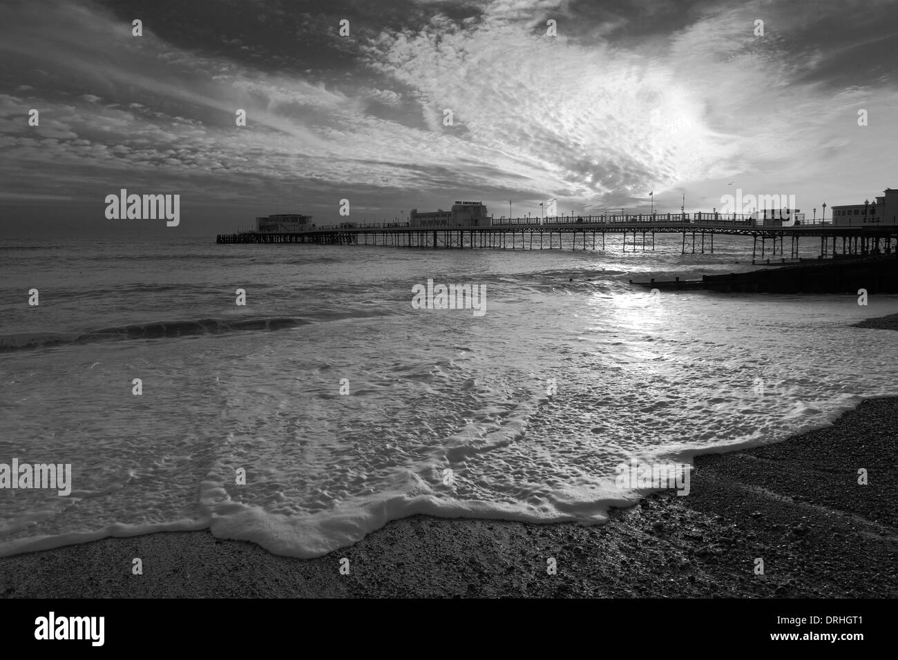 Black and White image of the Victorian Pier, Worthing town, West Sussex ...