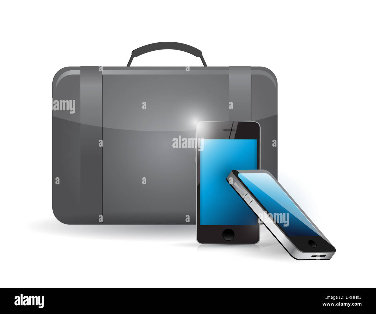 suitcase and set of phones. illustration design over a white background ...