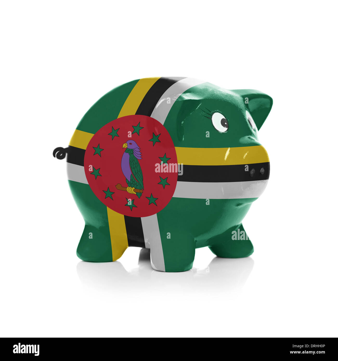 Green piggy bank with dollars sticking out - isolated on white ...