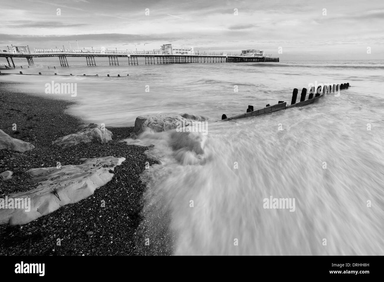 Black and White image of the Victorian Pier, Worthing town, West Sussex ...