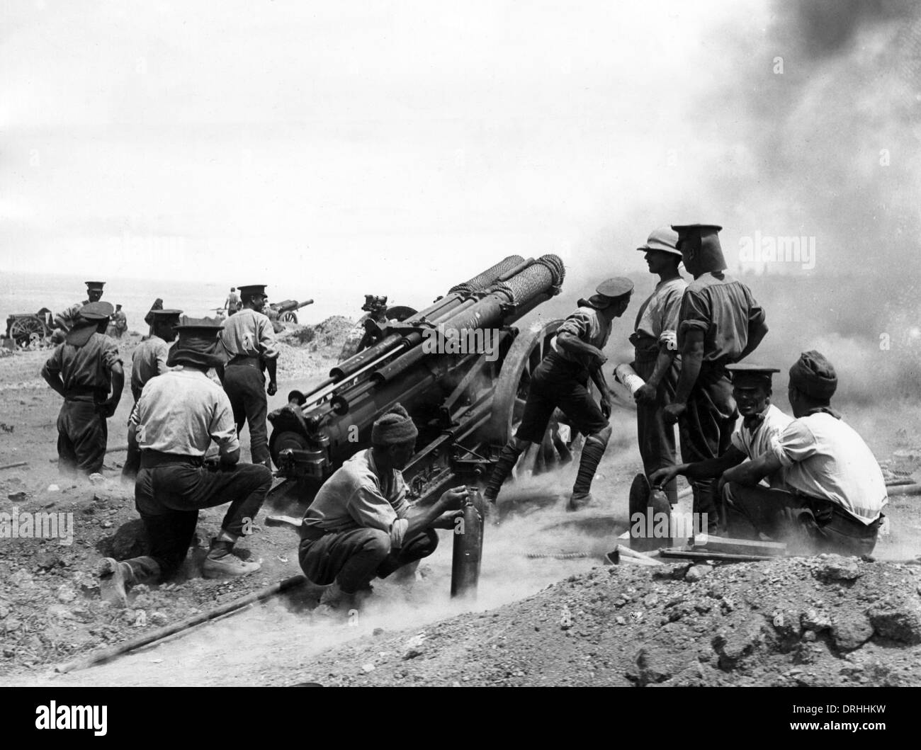 Heavy artillery in action on cliff, Helles, Gallipoli, WW1 Stock Photo ...