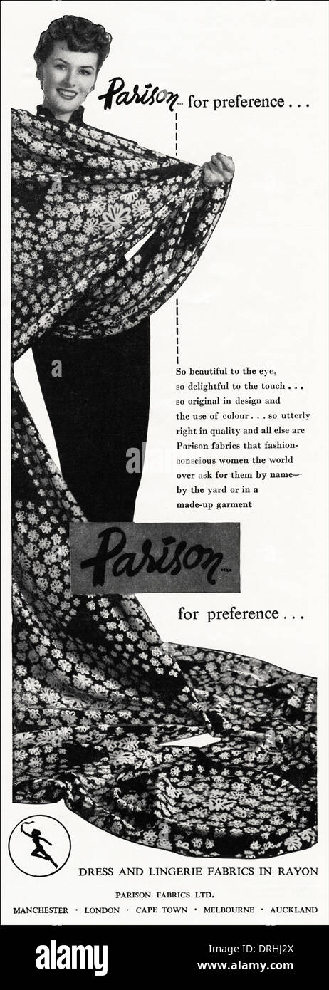 1950s magazine advertisement advertising dress fabric by PARISON ...