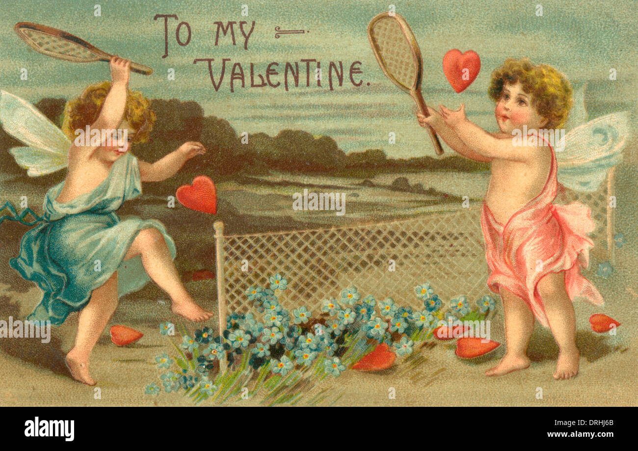 Two cherubs playing tennis with love hearts Stock Photo - Alamy