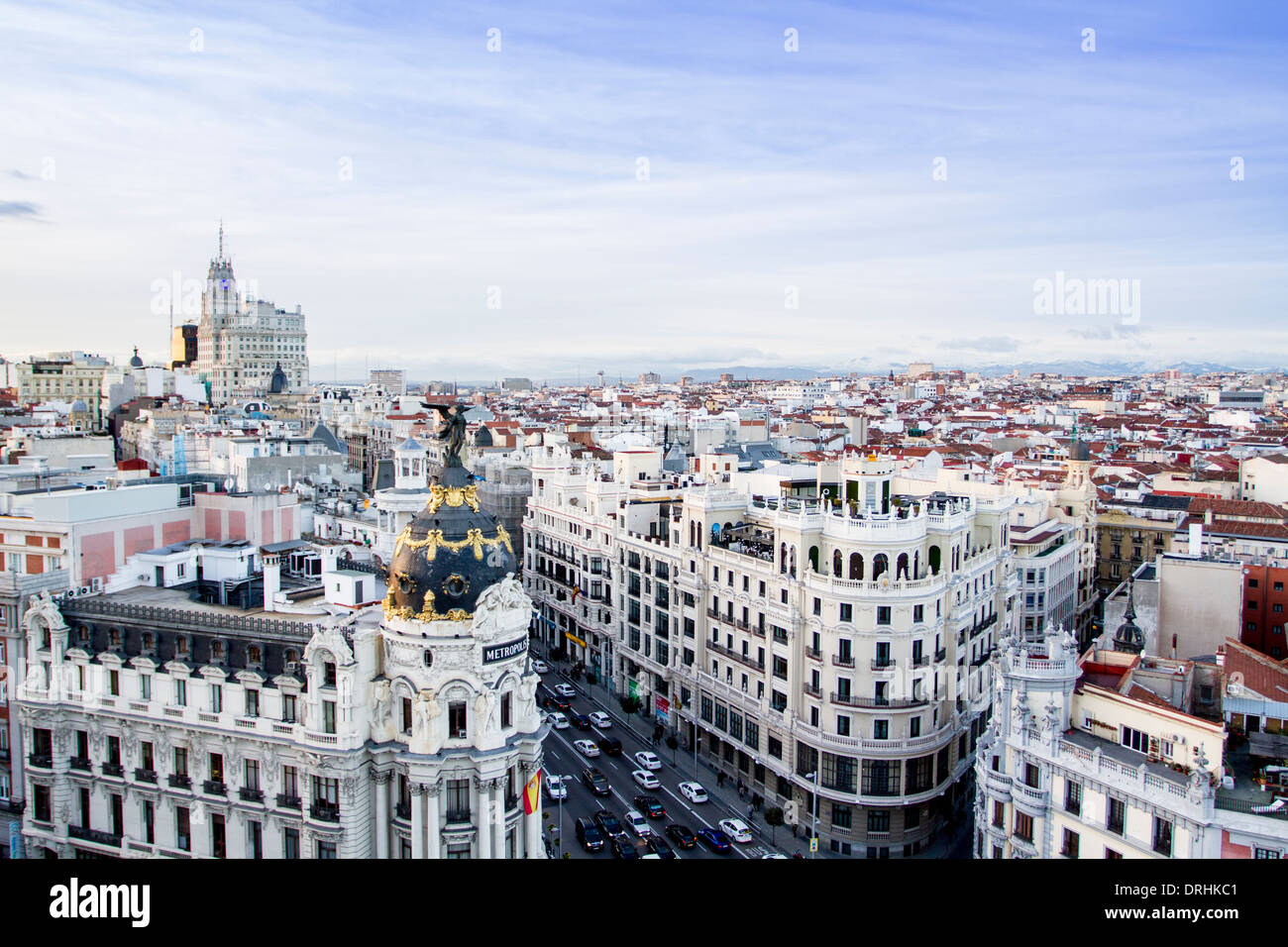 Aerial view of Metropolis building in Gran Via, and panoramic view of Madrid, Spain Stock Photo ...