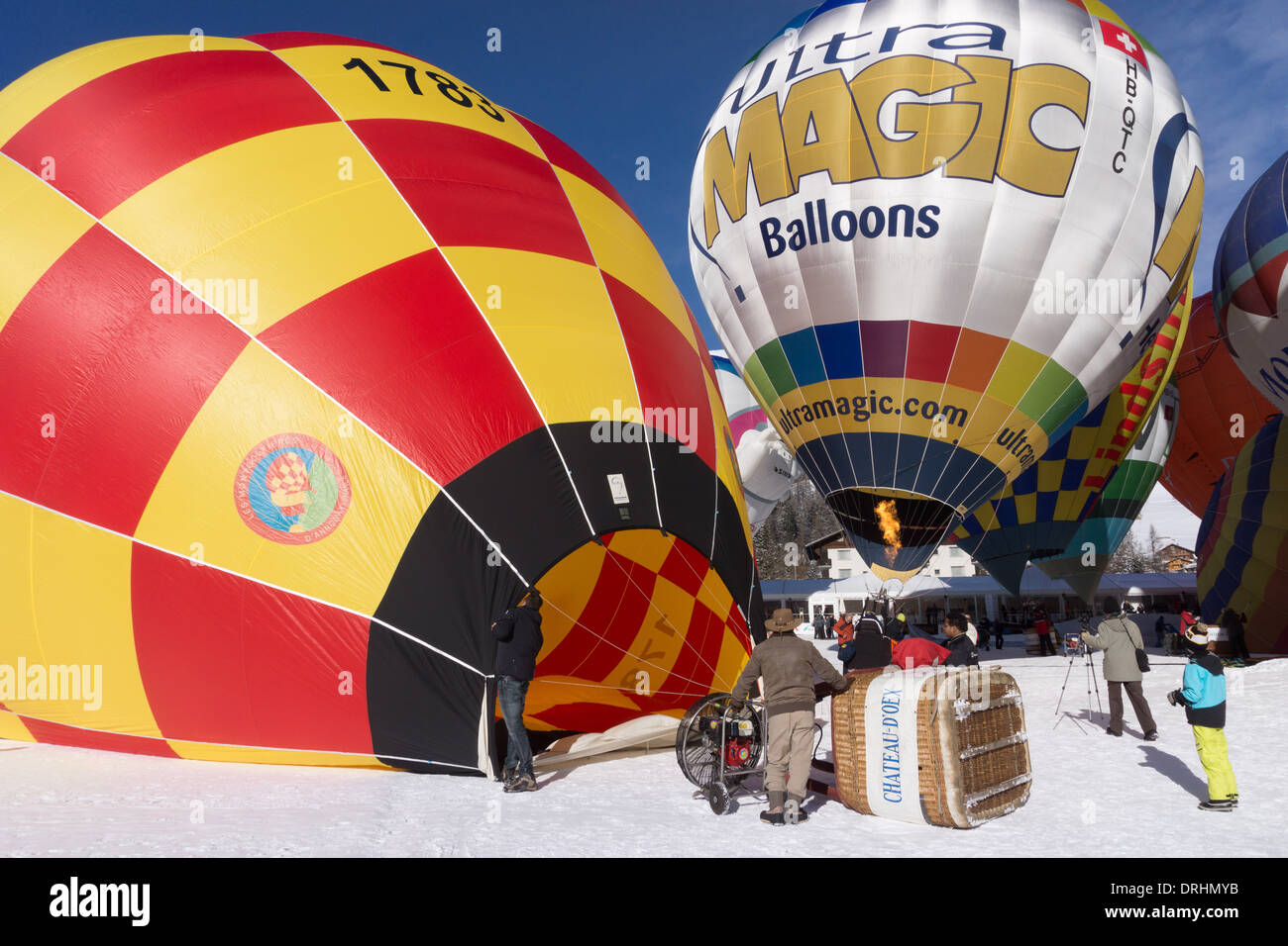French and Spanish balloons getting ready. Chateau d'Oex, Switzerland ...