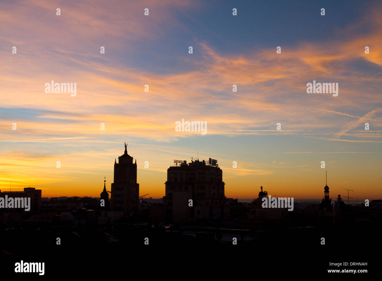 Skyline of Madrid at sunrise, Spain Stock Photo - Alamy