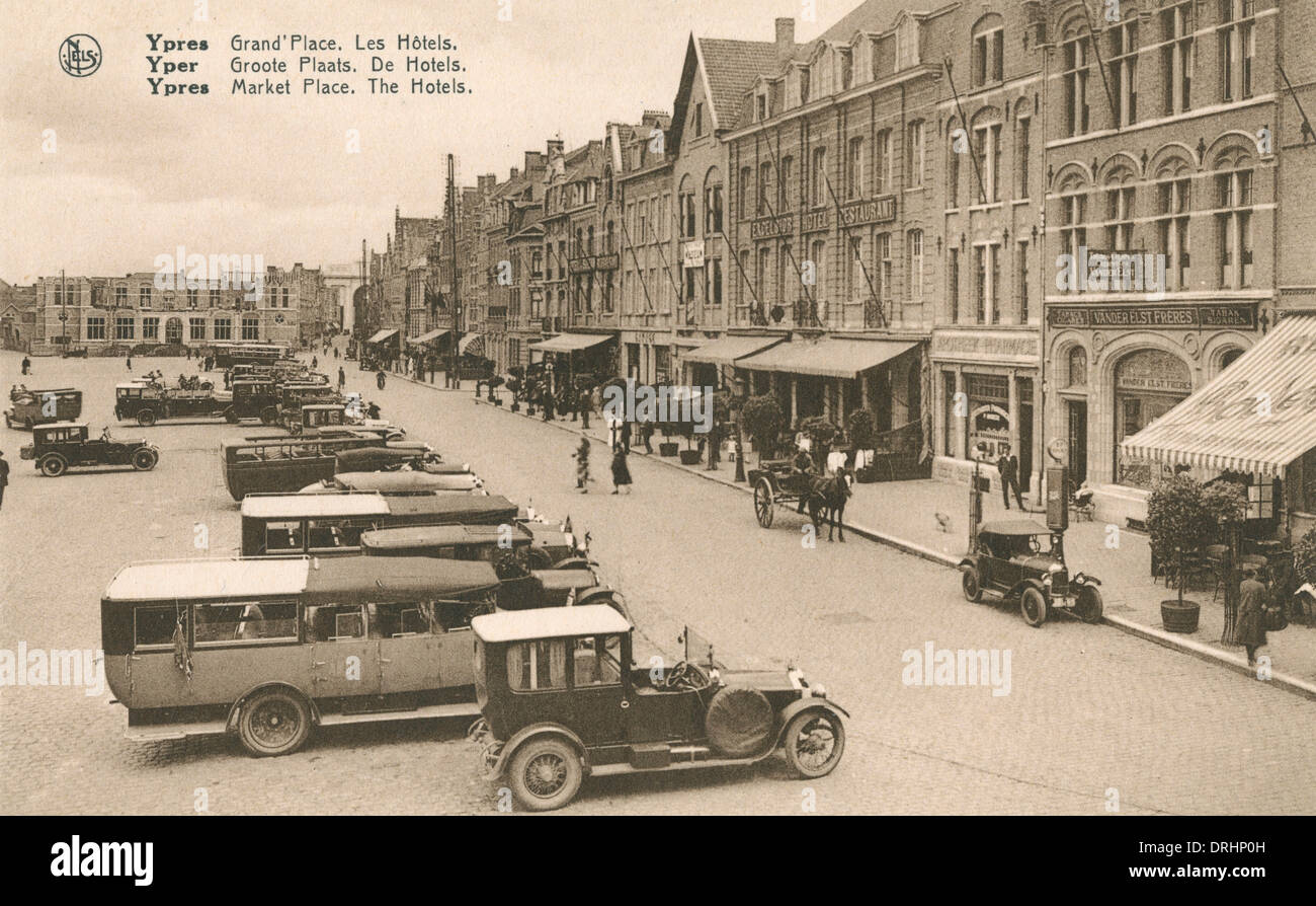 Ypres - Market Place with Hotels - post WWI Stock Photo - Alamy