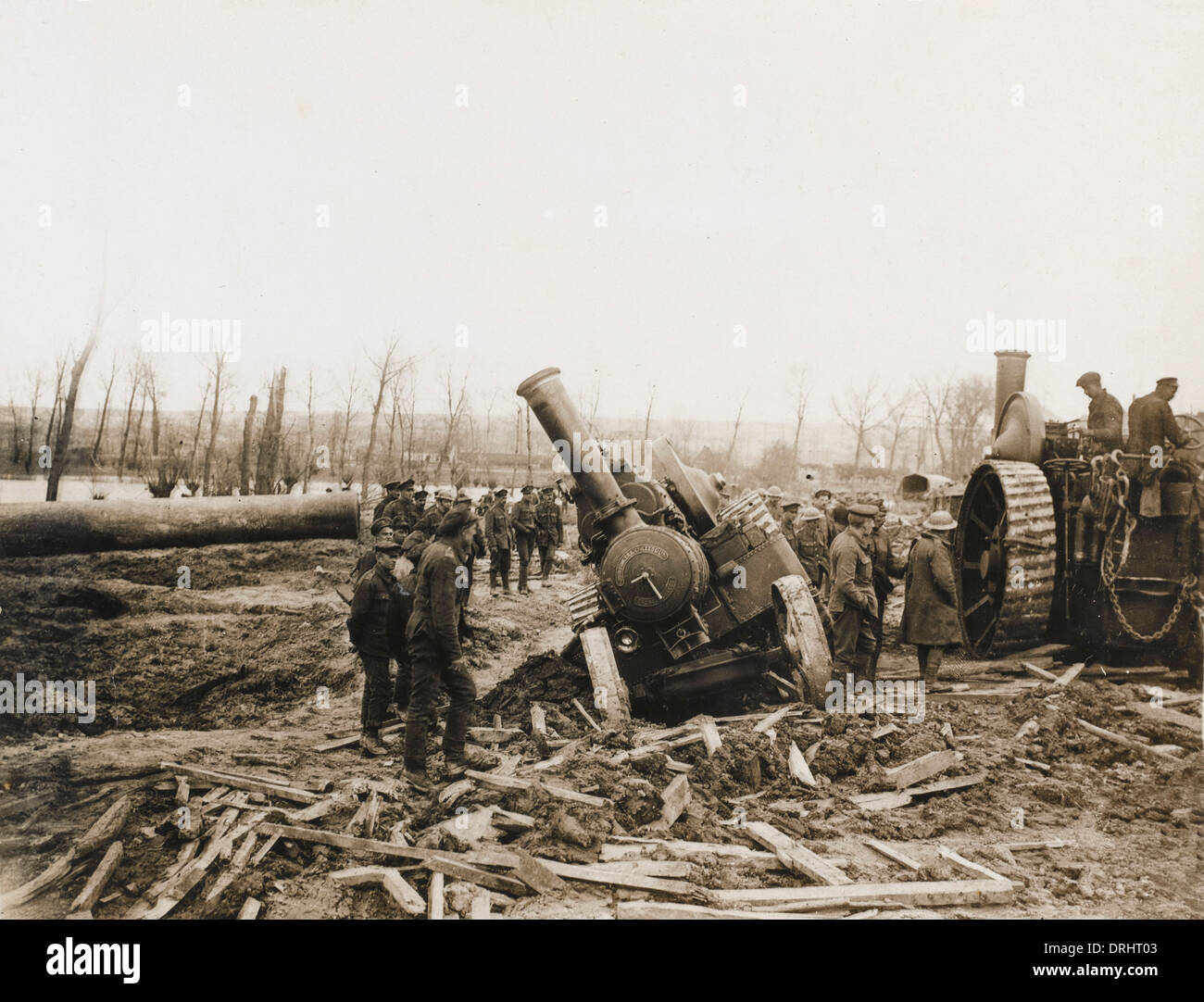 Tractor stuck in mud while pulling heavy gun, France, WW1 Stock Photo ...