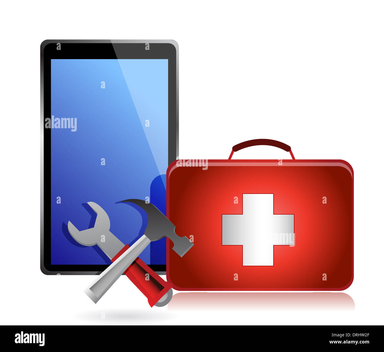 Tablet with tools and a first aid kit on a white background Stock Photo ...