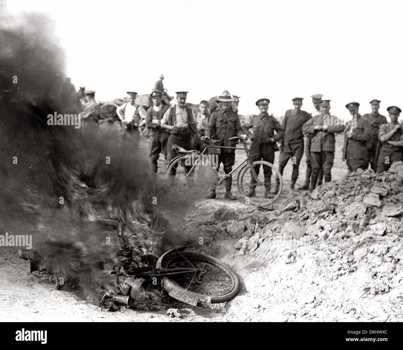 Despatch rider's bike on fire, Western Front, WW1 Stock Photo - Alamy