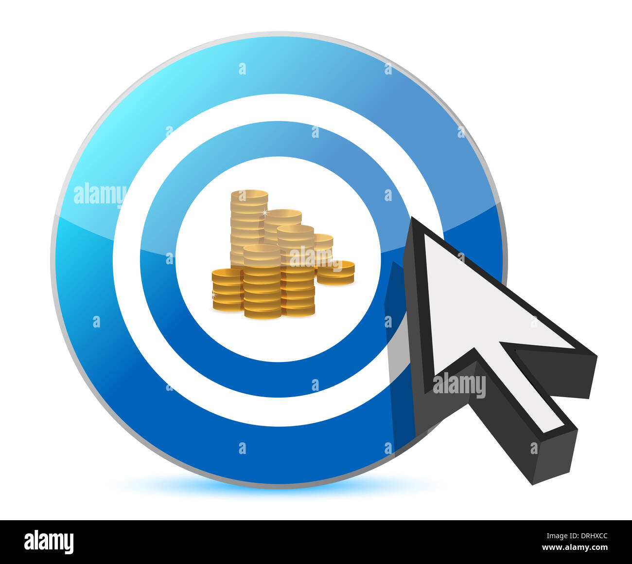 blue target golden dollar coins illustration over white Stock Photo - Alamy