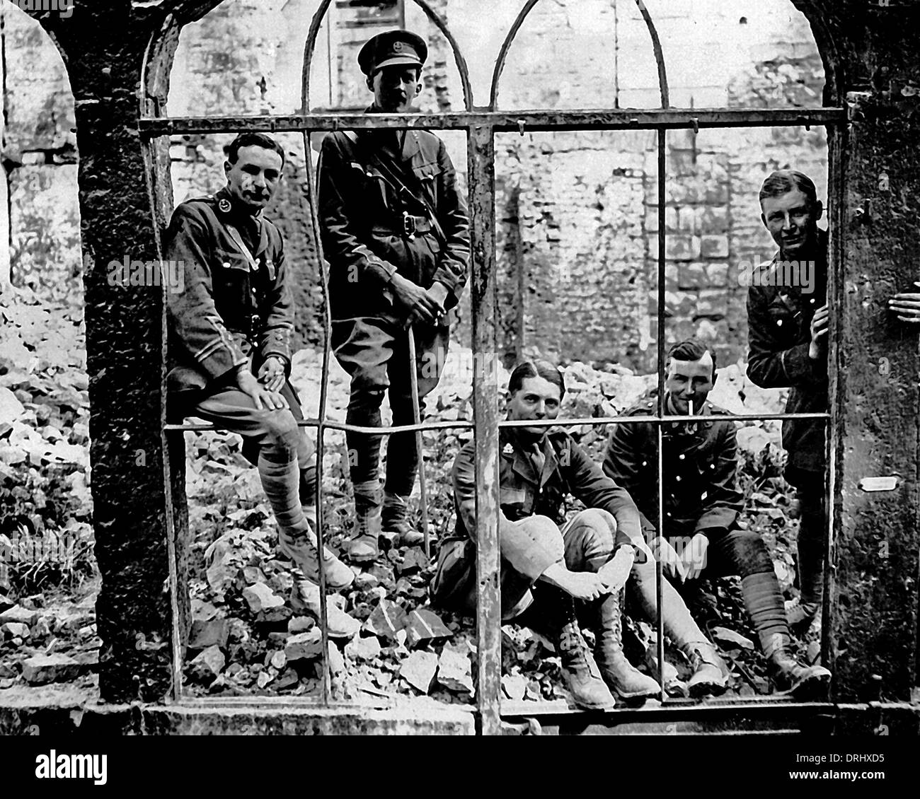 British officers inside wrecked building, Western Front, WW1 Stock ...