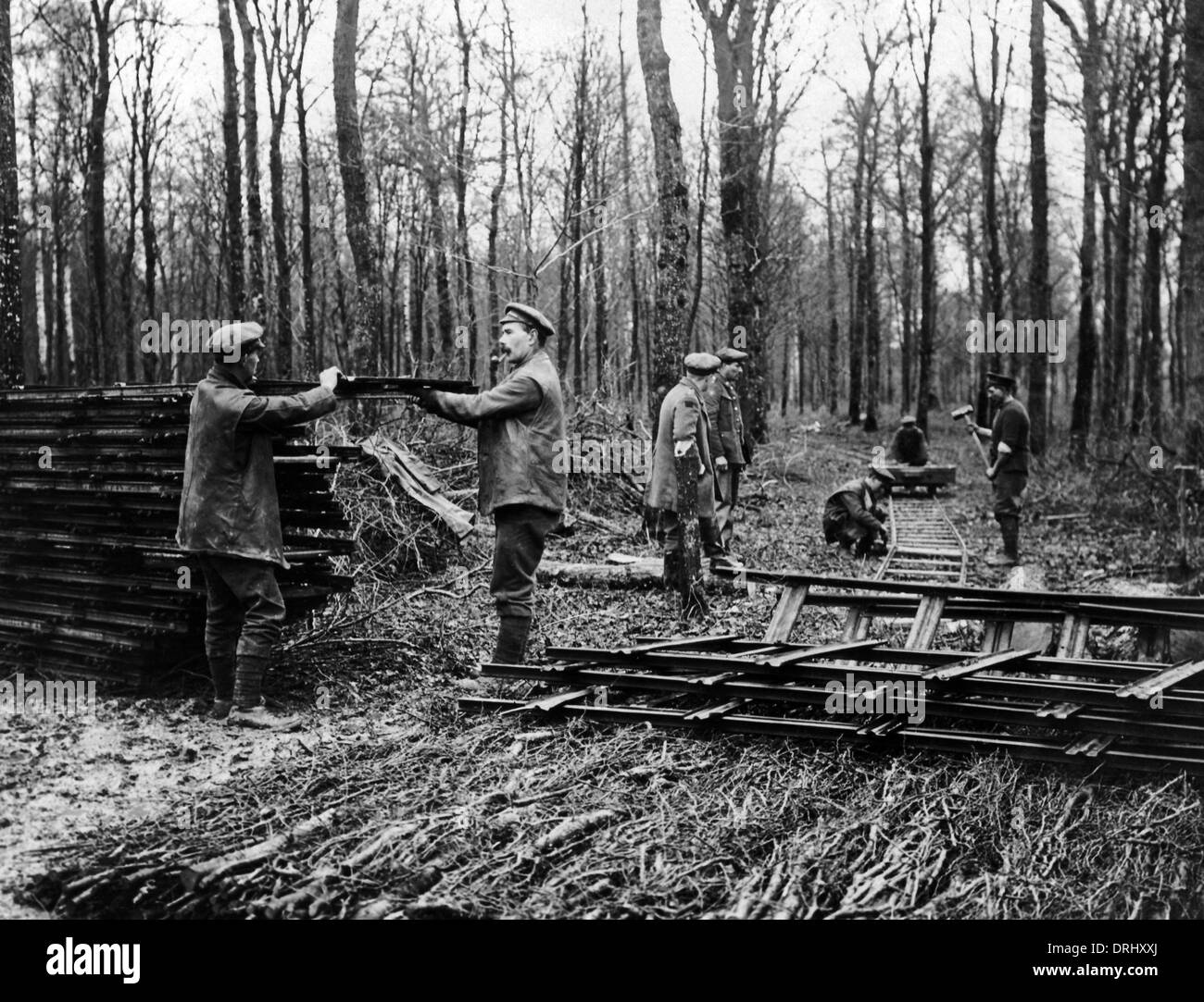 Men laying new light railway, Western Front, WW1 Stock Photo - Alamy