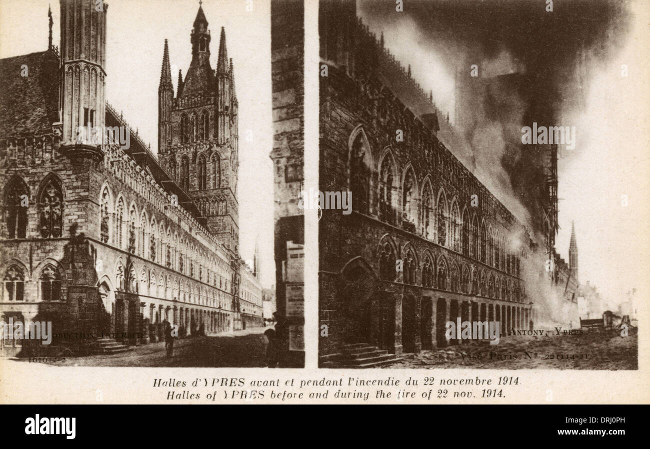 WWI - Ypres, Belgium - Before and After - Cloth Hall Stock Photo - Alamy