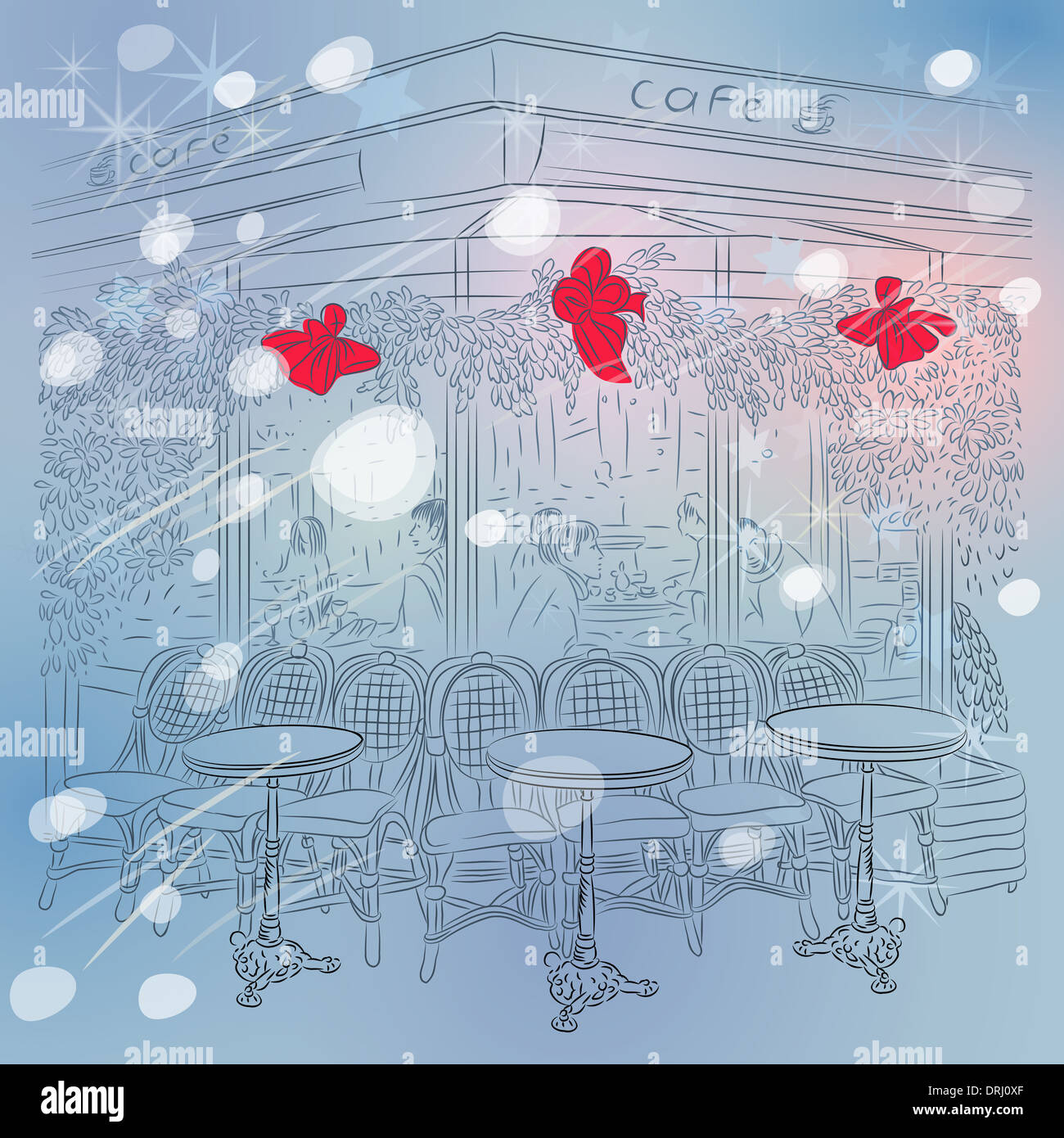 Winter sketch of the Parisian cafe with Christmas decorations Stock ...