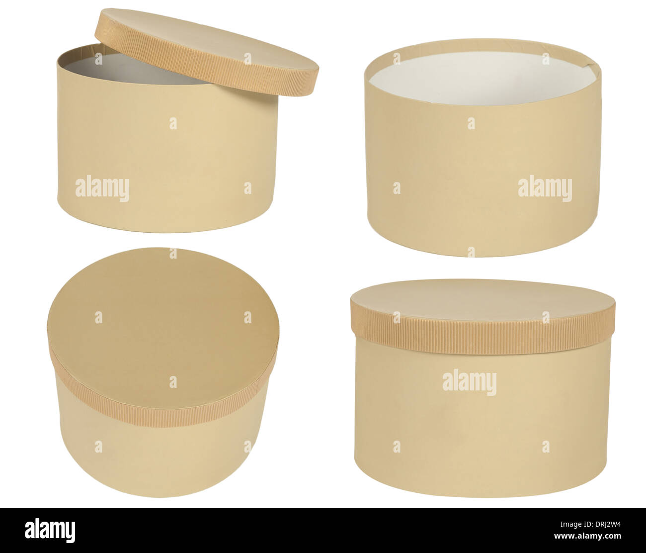 four point of view from round box, cardboard made, isolated on white ...