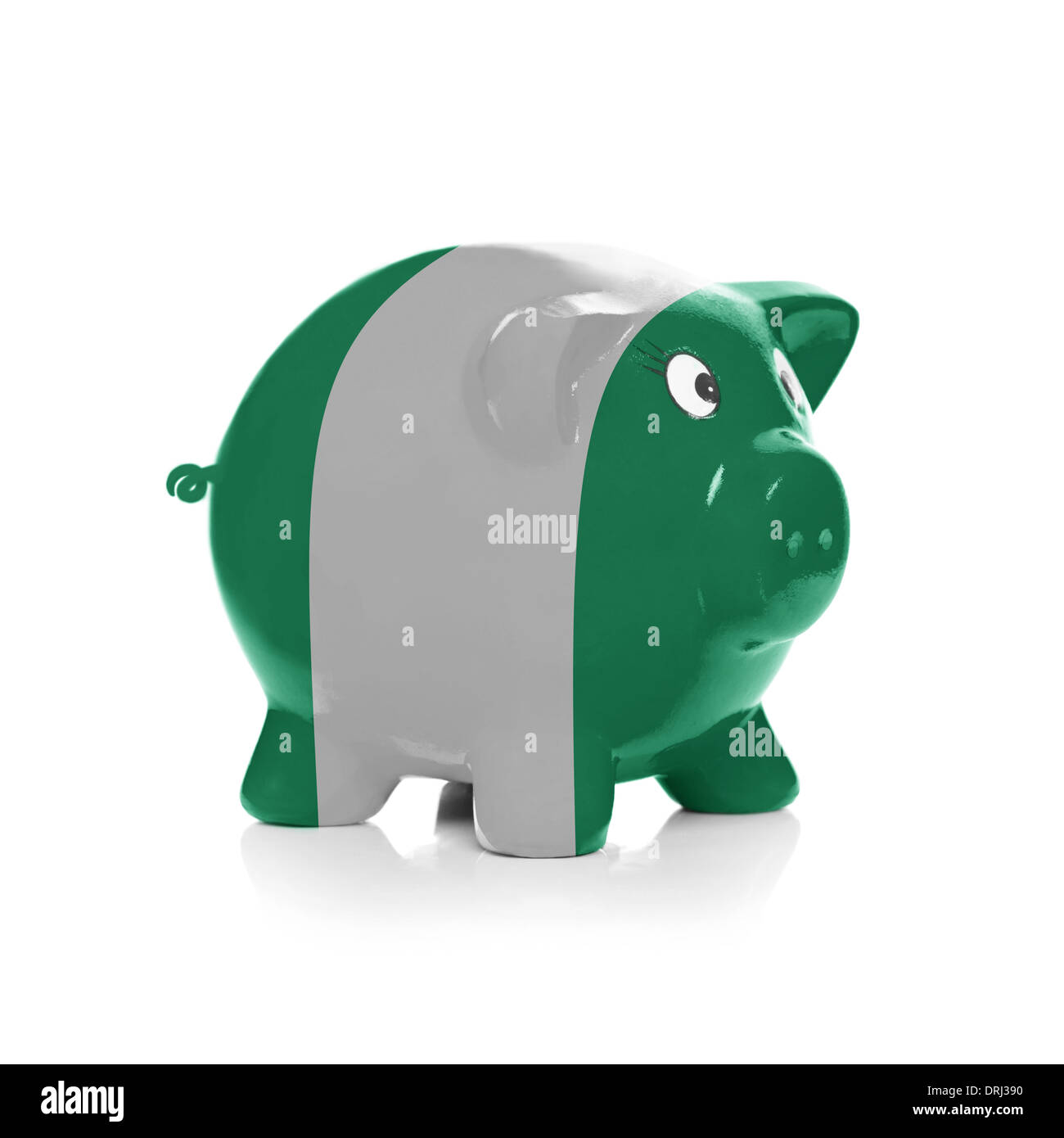 Green piggy bank with dollars sticking out - isolated on white ...