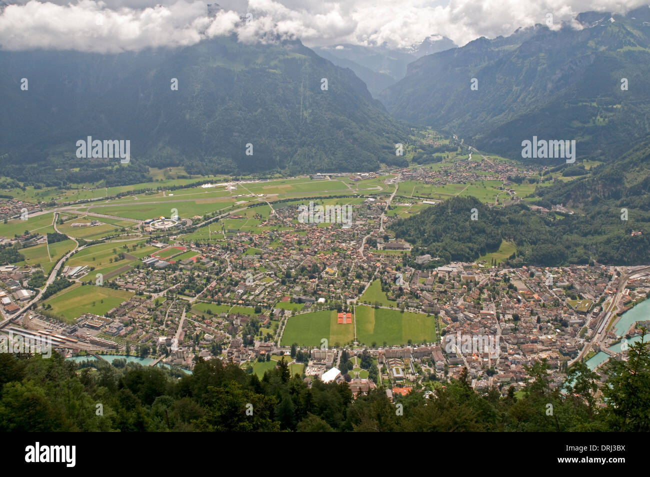 Looking down across Interlaken from a viewpoint at Harder Kulm, with ...
