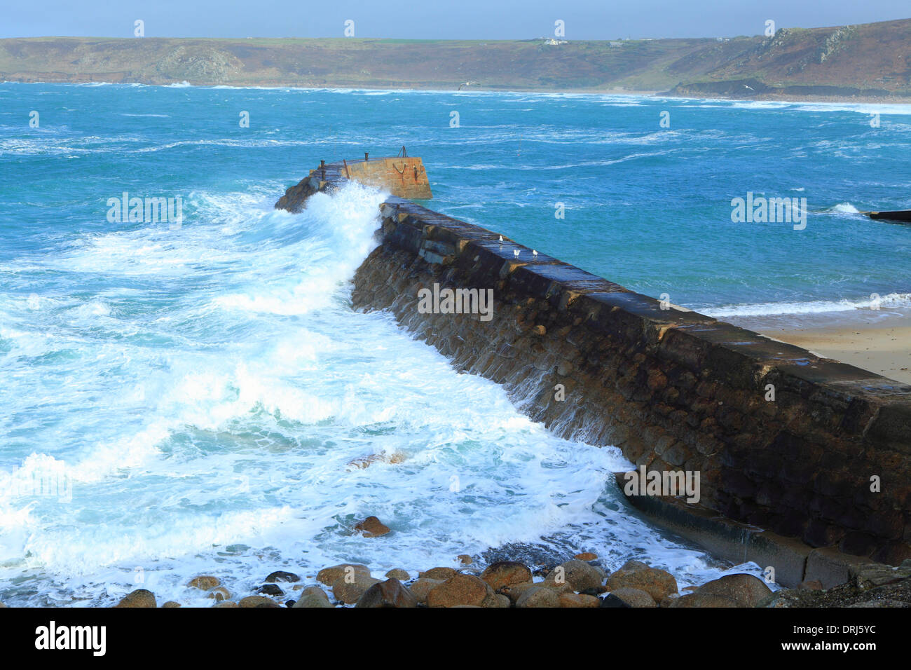 Sennen Cove, view across harbour on a blustery winters day, West ...