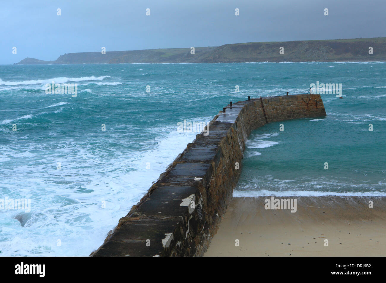 Sennen Cove, view across harbour on a blustery winters day, West ...