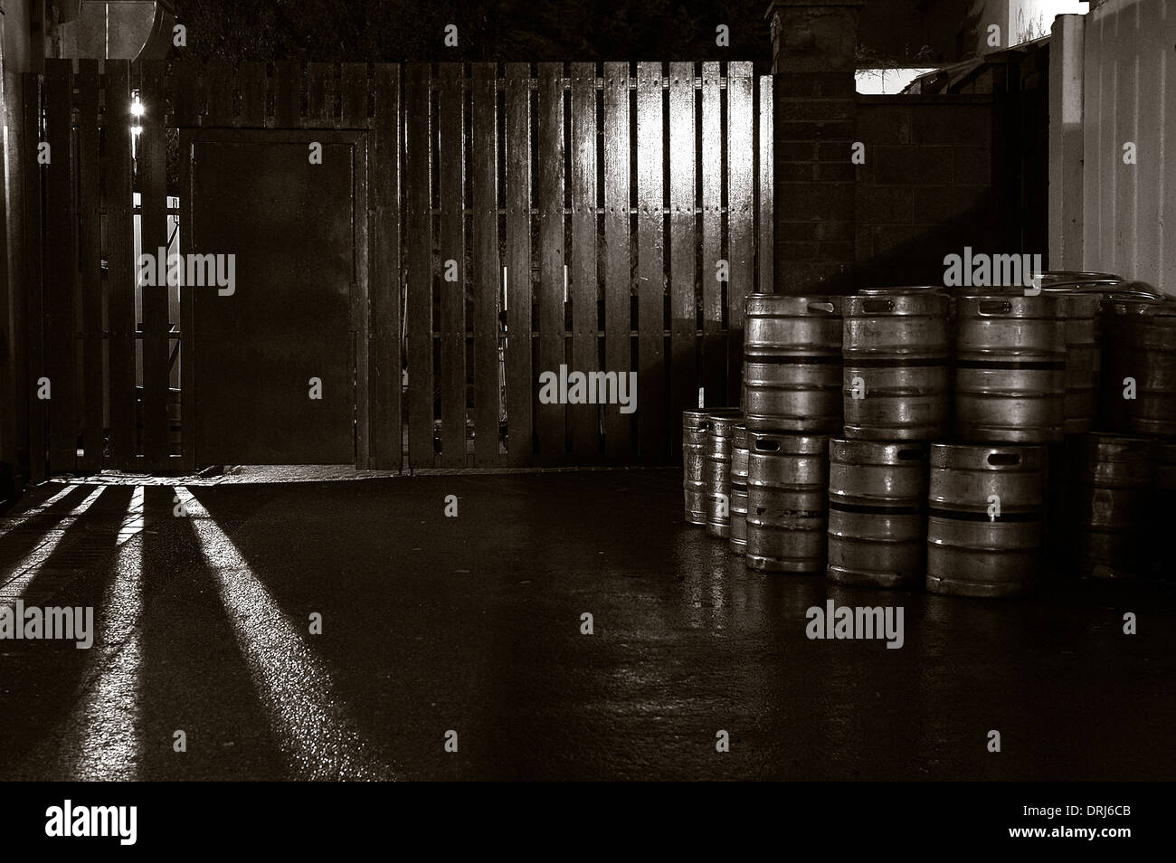 beer kegs at night Stock Photo - Alamy