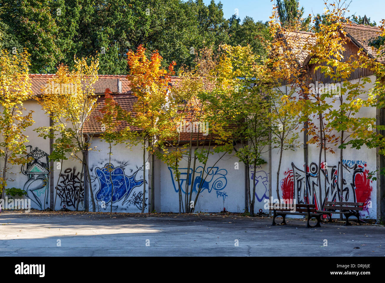 Graffiti covered walls in the courtyard of the English Village in ...