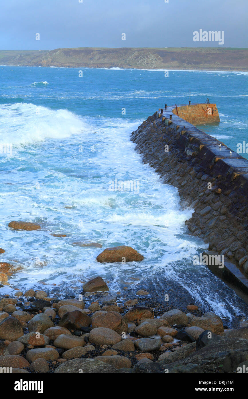 Sennen Cove, view across harbour on a blustery winters day, West ...