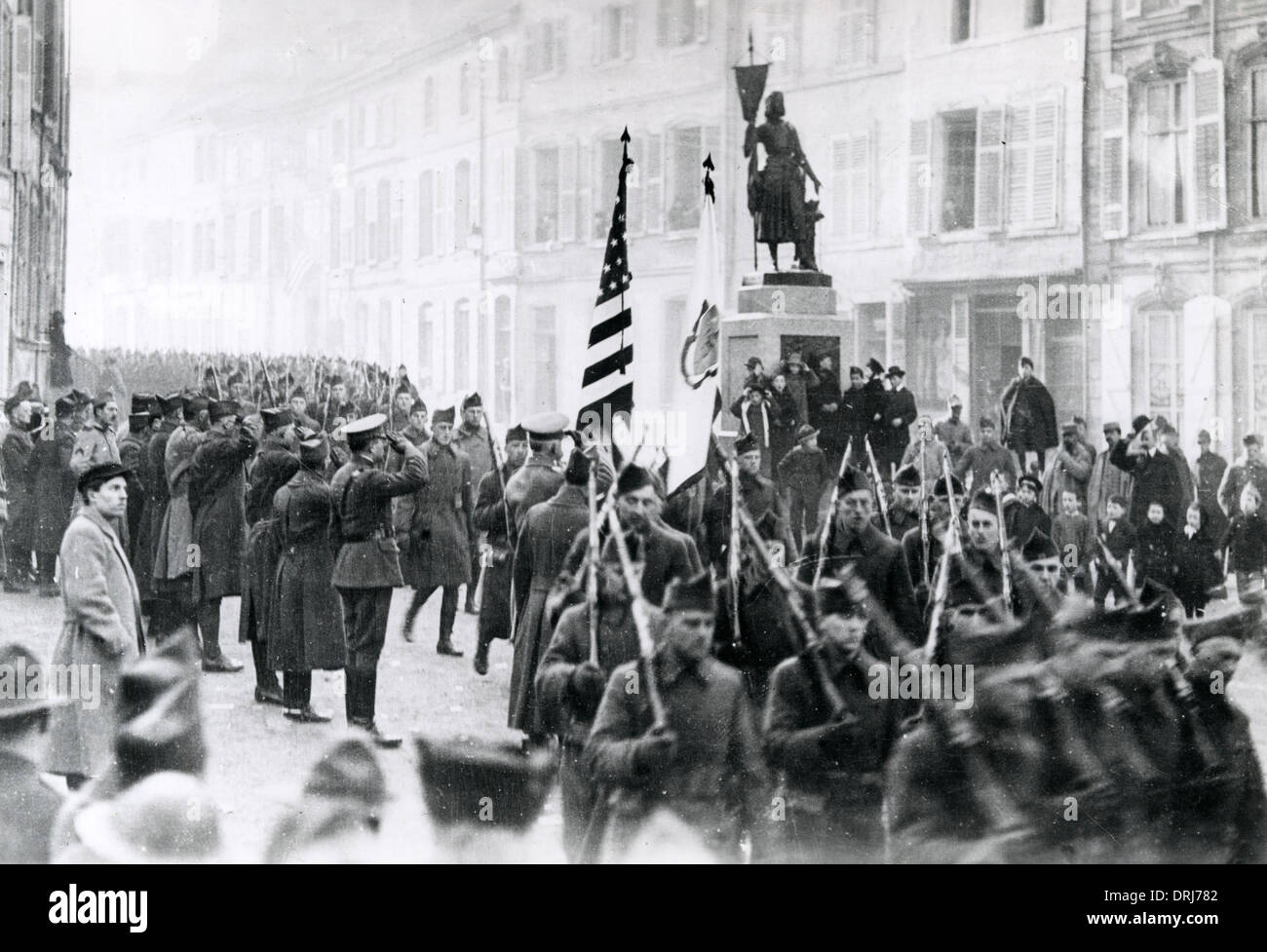 American troops marching through Neufchatel, WW1 Stock Photo - Alamy