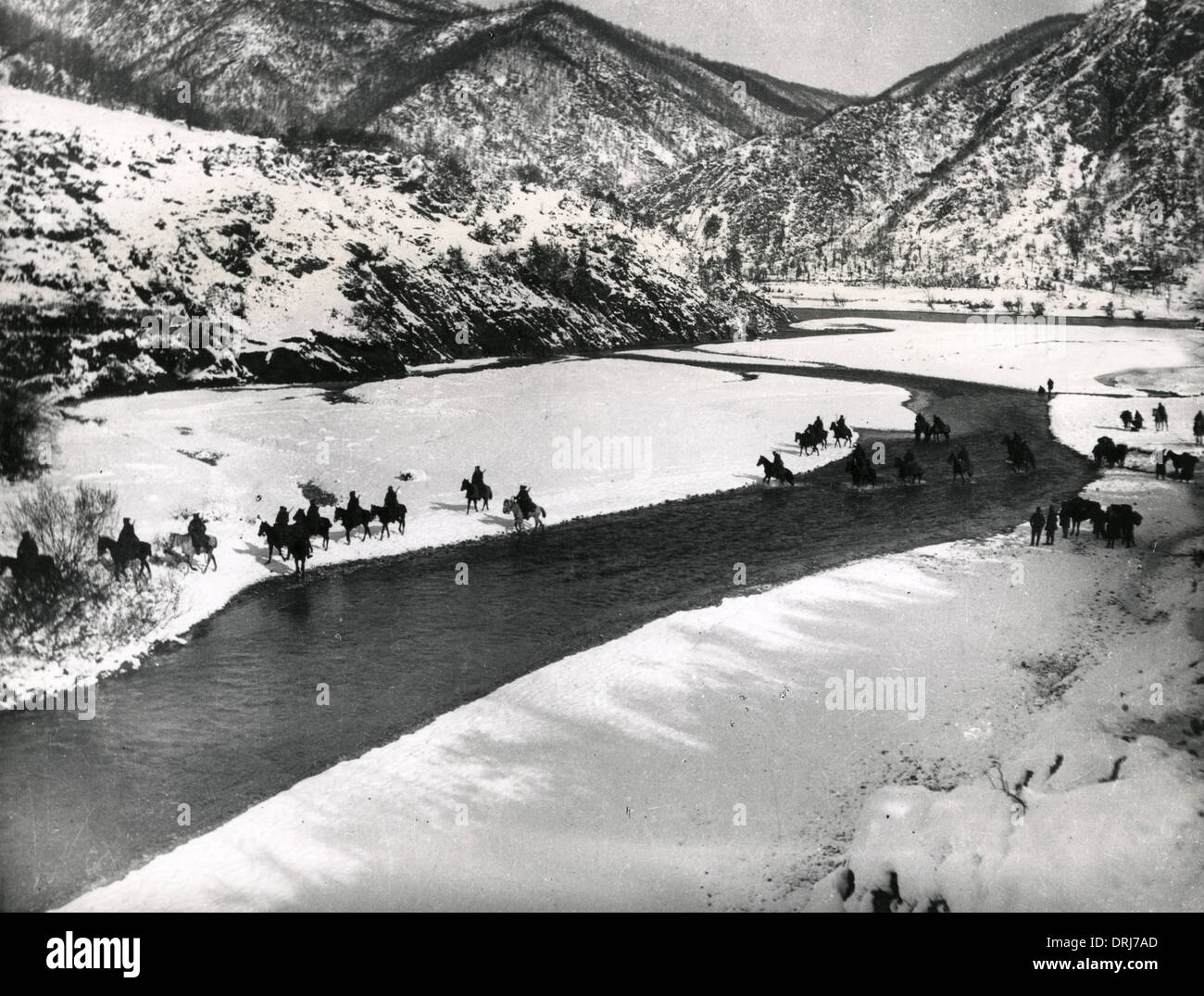 Serbian cavalry crossing a river in the snow, WW1 Stock Photo - Alamy