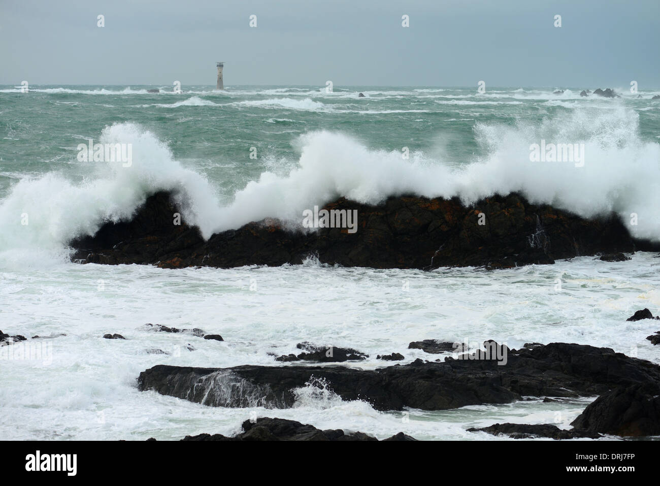Hanois Lighthouse, Guernsey in strong winds and high seas Stock Photo ...