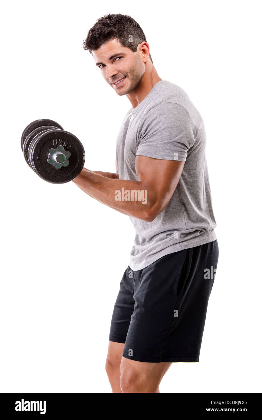 Portrait of a muscular man lifting weights, isolated over a white ...