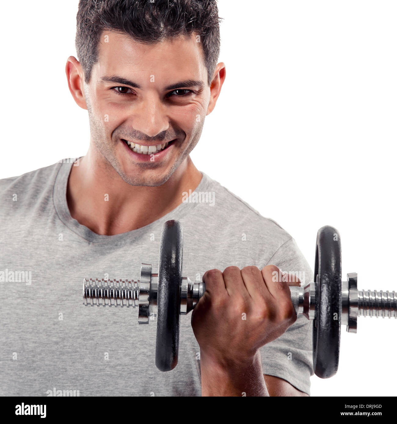 Portrait of a muscular man lifting weights, isolated over a white ...