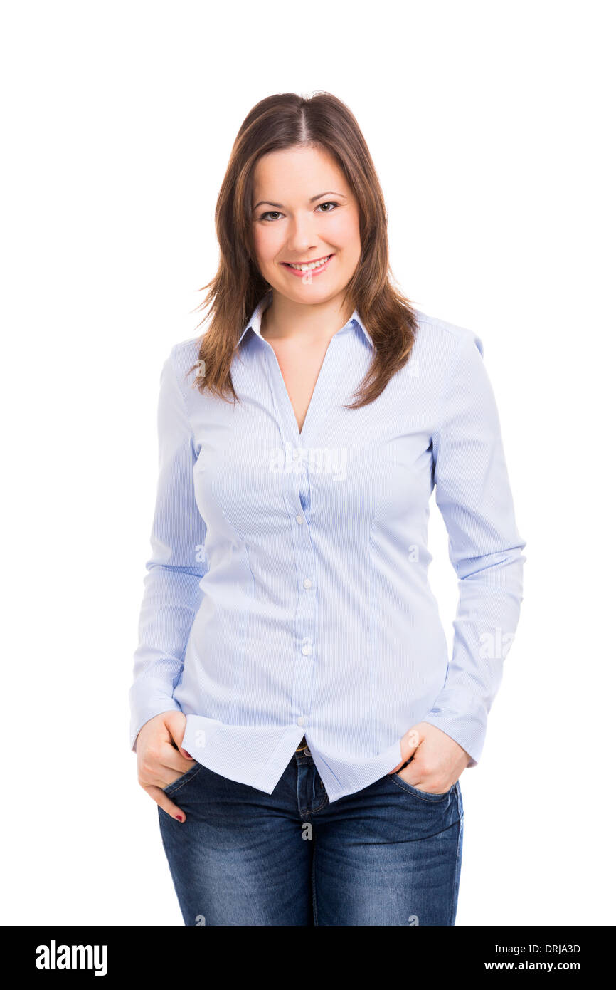 Beautiful and happy woman isolated over white background Stock Photo ...