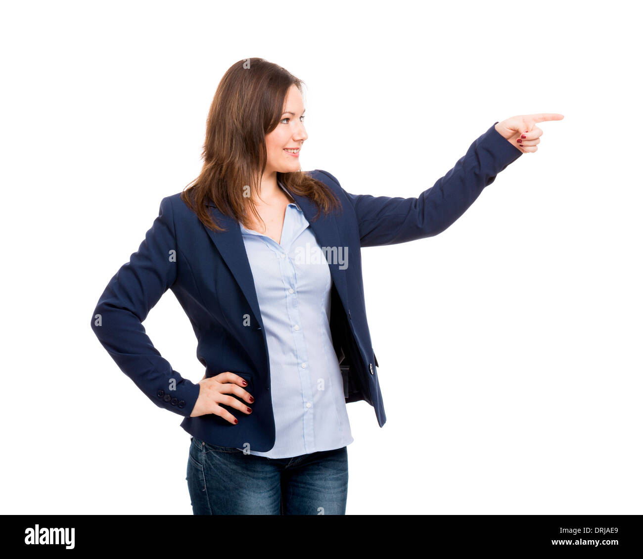 Business woman pointing to something, isolated over white Stock Photo ...