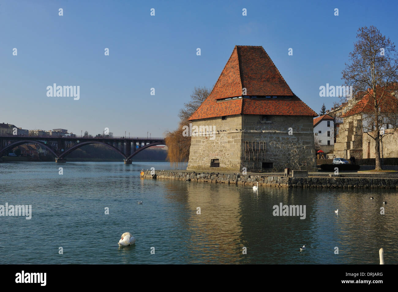 Old water tower, River Drava, Maribor, Slovenia, Medieval defence tower ...
