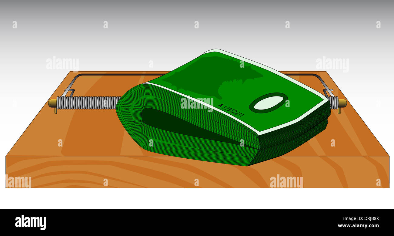 A traditional wood base and wire spring mouse trap bated with a bill ...