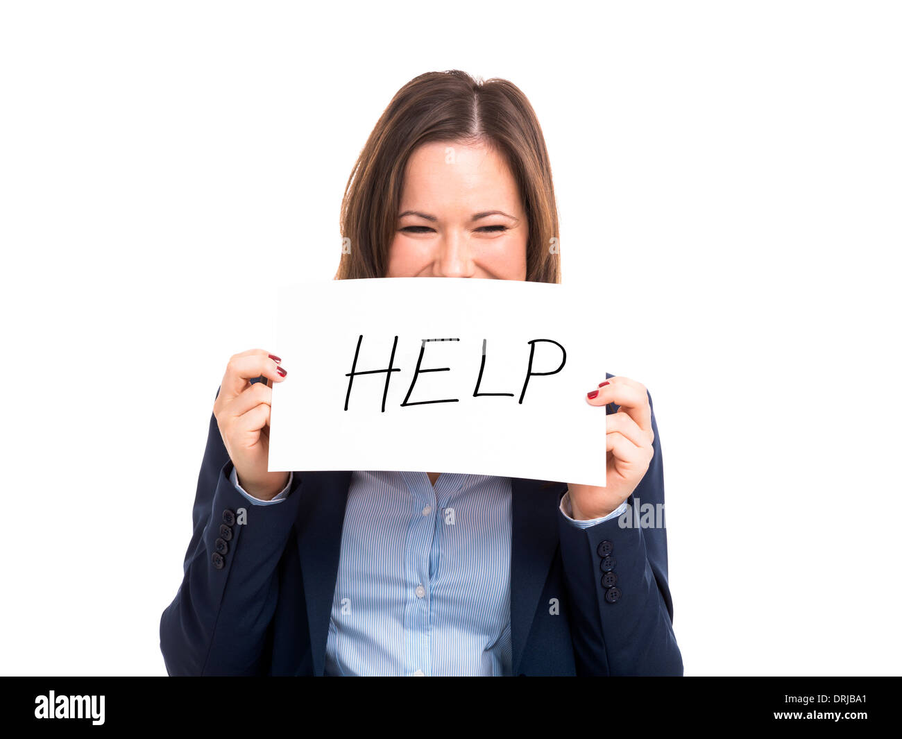 Business woman holding a paper with the word Help, isolated over white ...