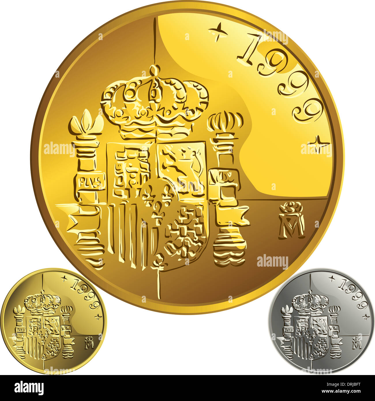 Spanish money peseta gold and silver coin with the Spanish coat of arms ...