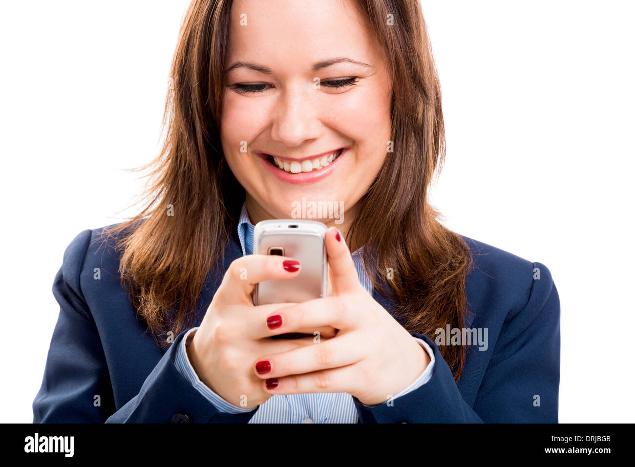 Business woman with a cellphone texting, isolated over white background ...
