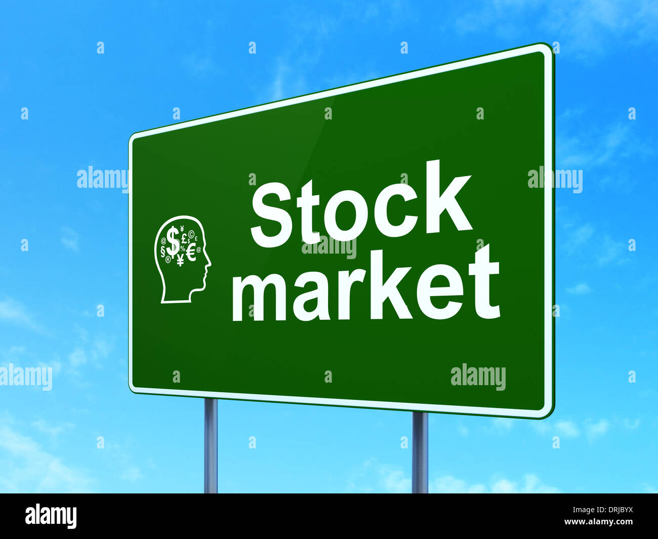 Finance concept: Stock Market and Head With Finance Symbol on road sign ...