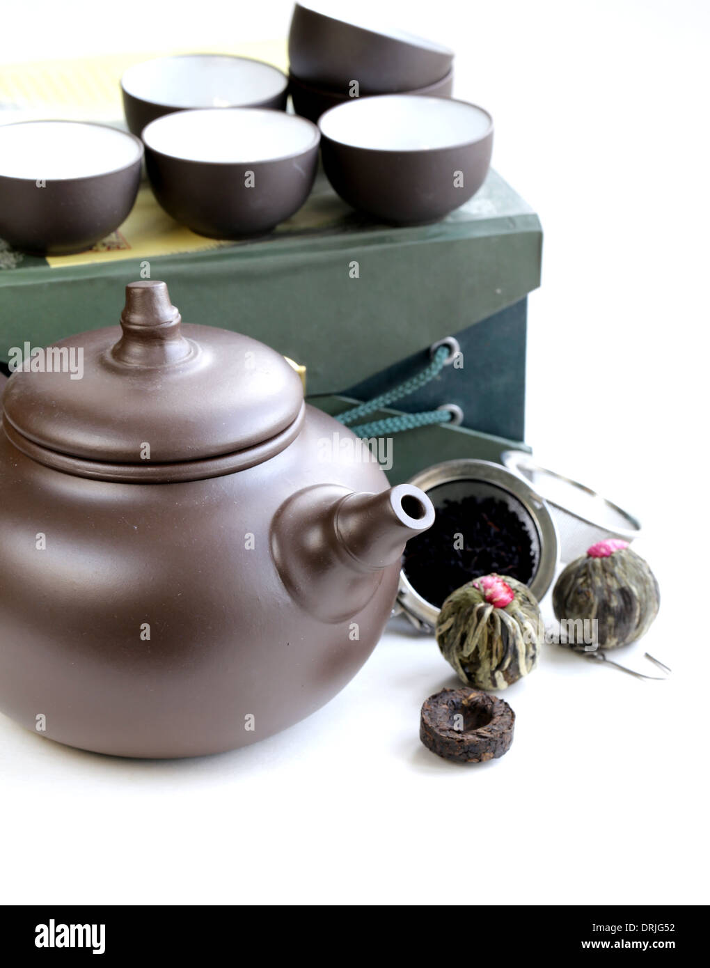 set for a traditional tea drinking (kettle, cups and various tea Stock ...