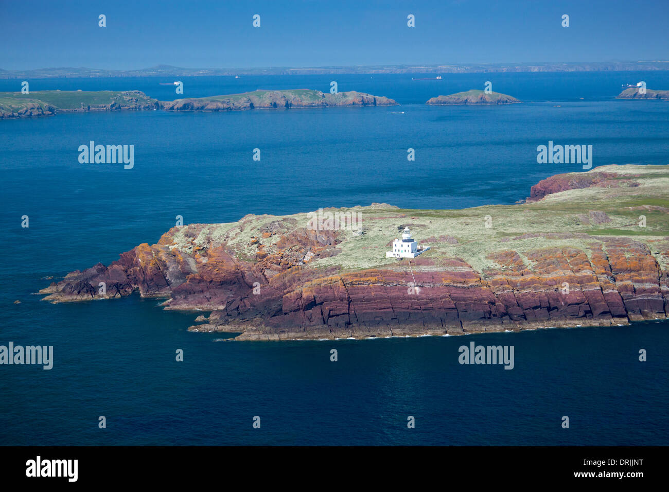Aerial view of Skokholm island off the coast of Pembrokeshire West ...