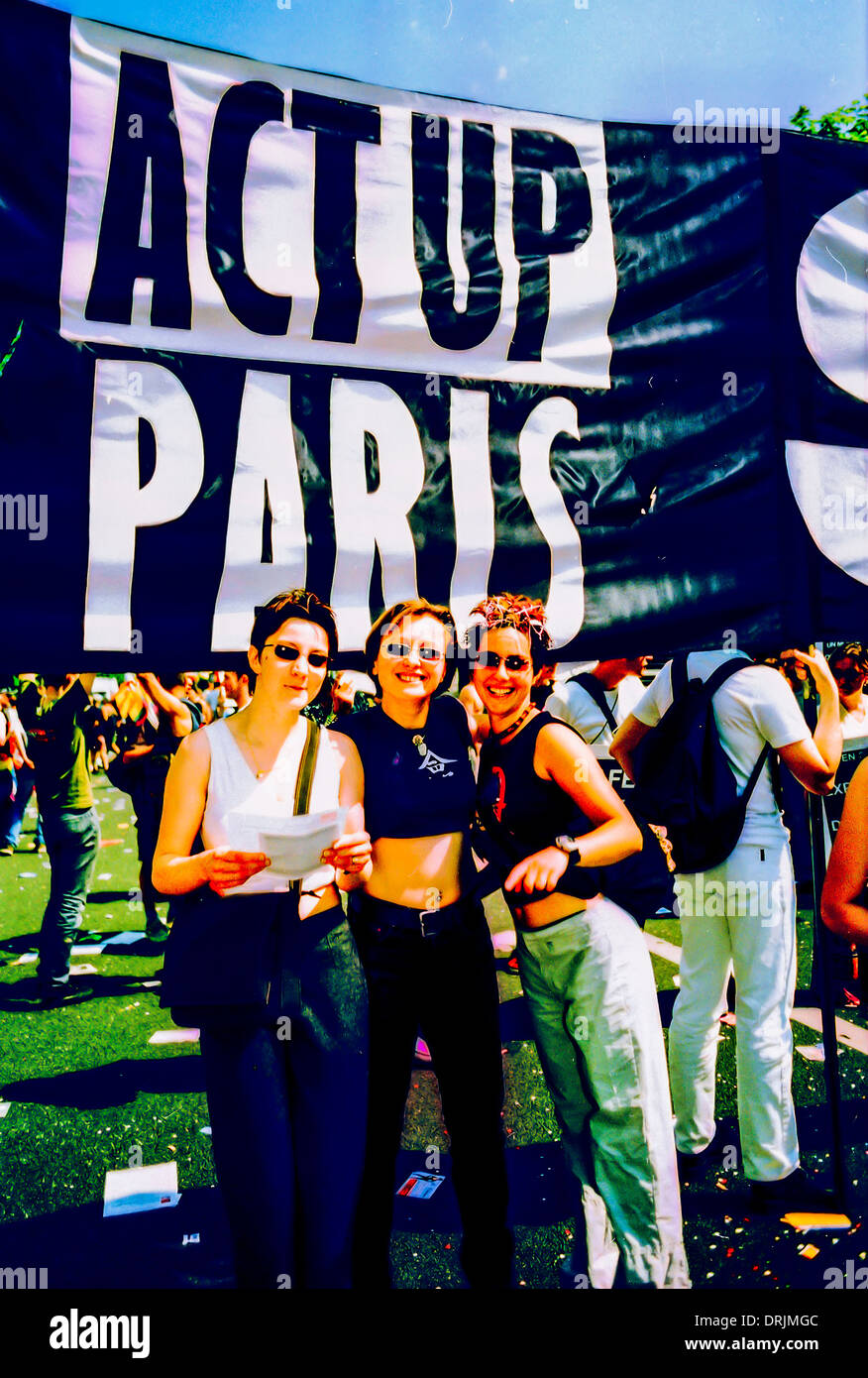Paris, France, Gay Pride Parade, Lesbians Posing in front of Large Sign ...