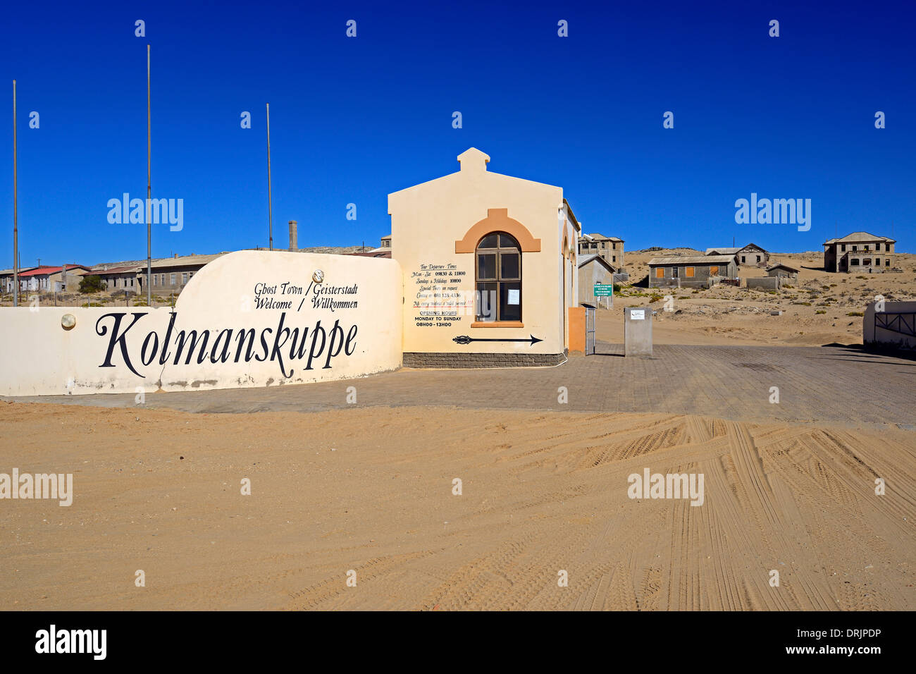 Entrance to the former diamond town of Kolmanskuppe, Kolmanskop, today ...