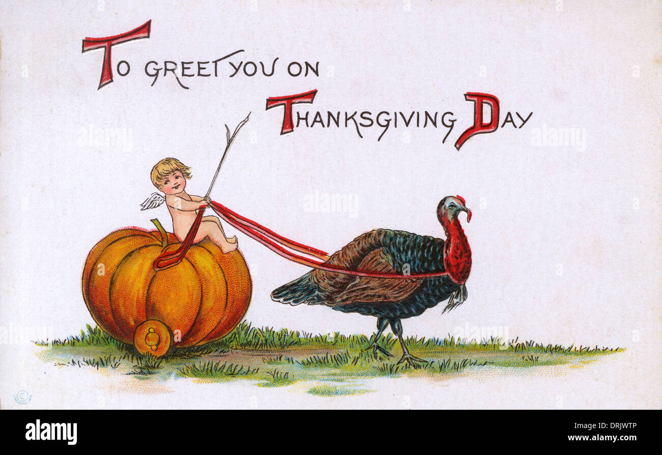 Thanksgiving Card - USA - Turkey pulls a pumpkin wagon Stock Photo - Alamy