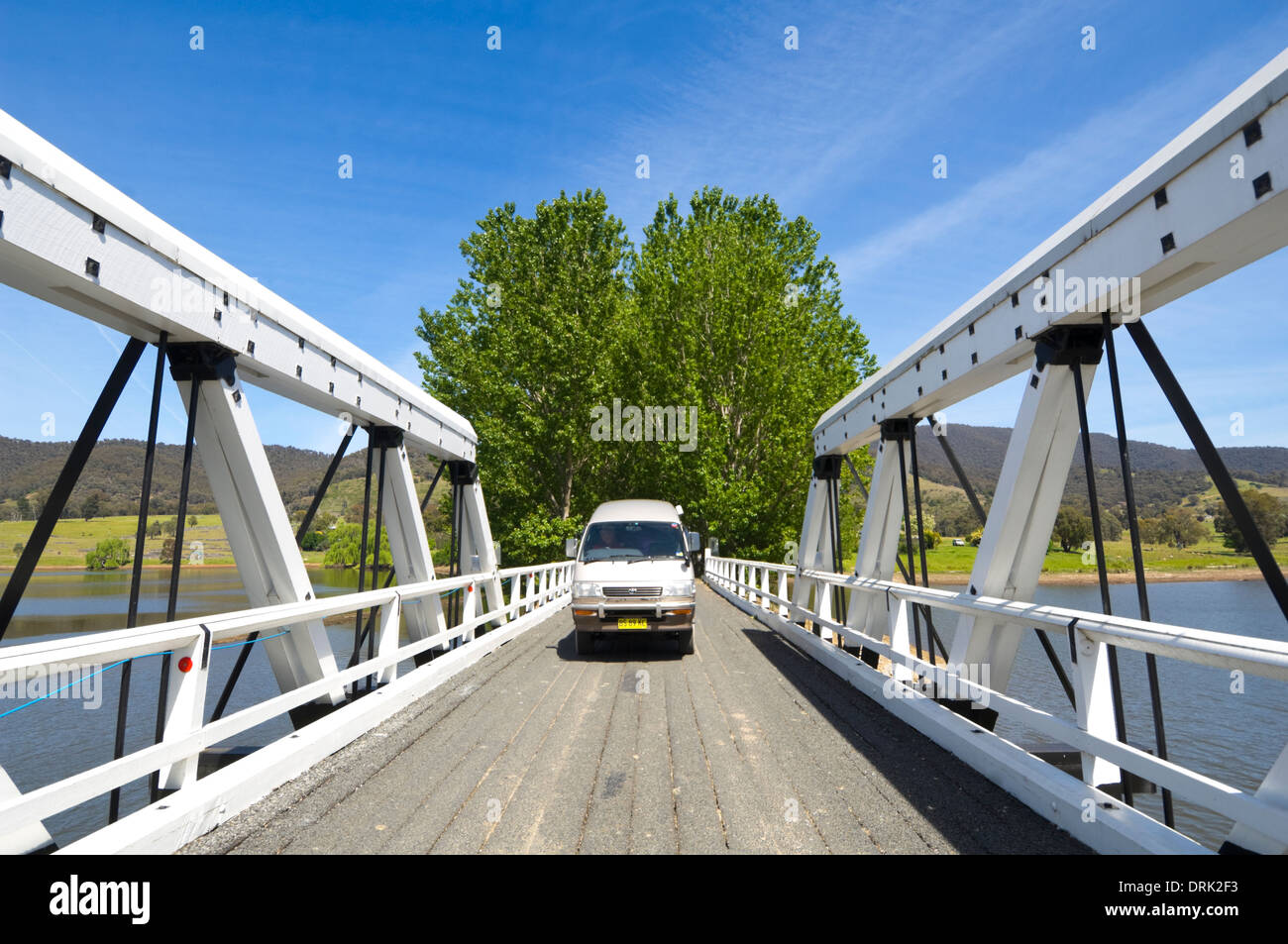 Toyota Hiace campervan going over a bridge over the Goodradigbee River ...
